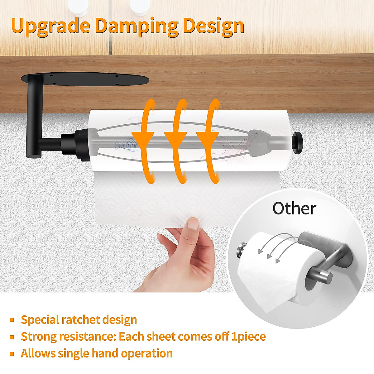 Paper Towel Holder, Under Cabinet Paper Towel Holder, Paper Towel Stand with Damping Effect, Paper Towel Holder can be Self- Adhesive or Drilled for Kitchen, Bathroom.