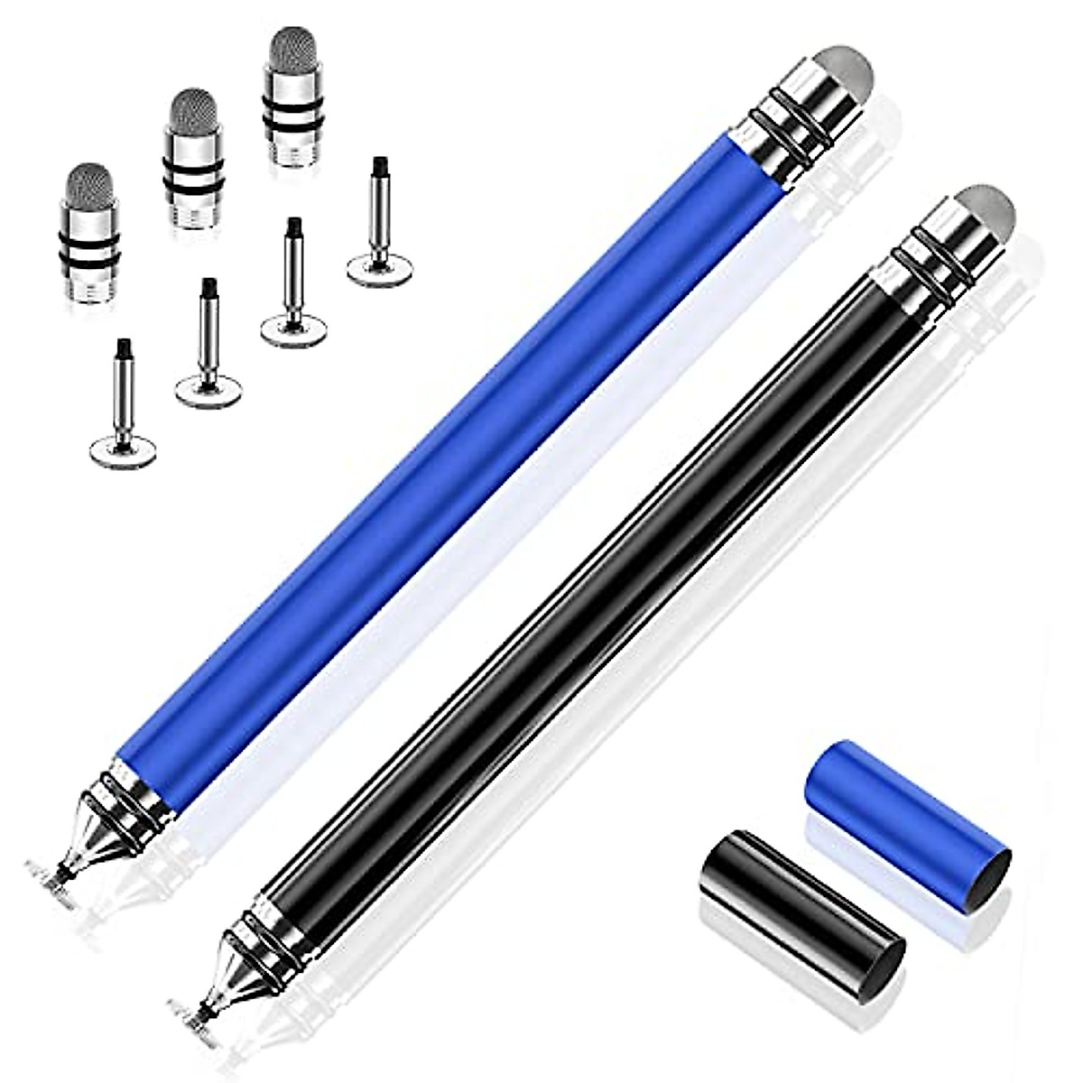 Modern Stylus Pens for Touch Screens Fine Point, 100% Stainless-Steel Fine Tip Stylus Pen, Stylist Pen for iPad, iPhone, Tablet, Laptop, Android, Samsung, Kindle with 7 Replacement Tips (Black/Blue)
