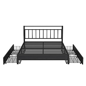 BIADNBZ Queen Size Storage Platform Bed with 4 Drawers,Sturdy Metal Low Bedframe with Headboard for Bedroom Guest Room,No Box Spring Needed, Black