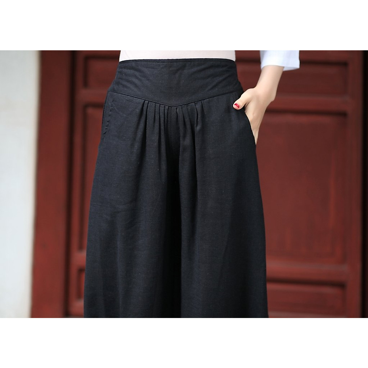 Shanghai Story Women Linen Elastic Waistband Wide Leg Capri Pants Black XL