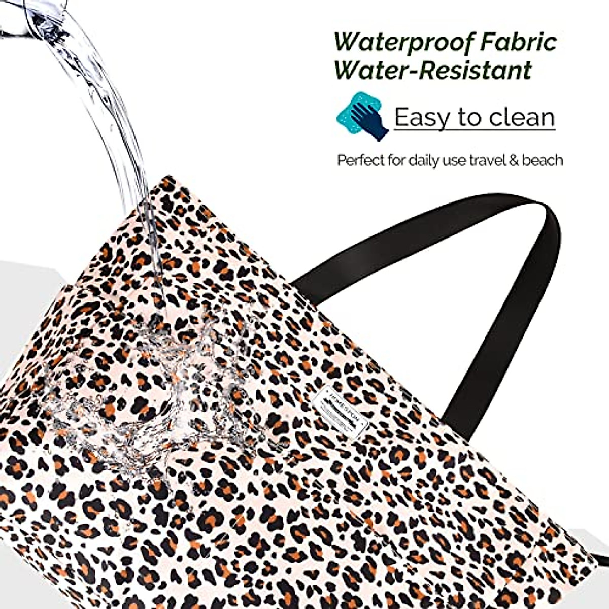 HOMESPON Large Waterproof Beach Bag for Women Sandproof Tote Bag Pool Bag with Zipper and Pockets for Travel Vacation Gym (Leopard Print)