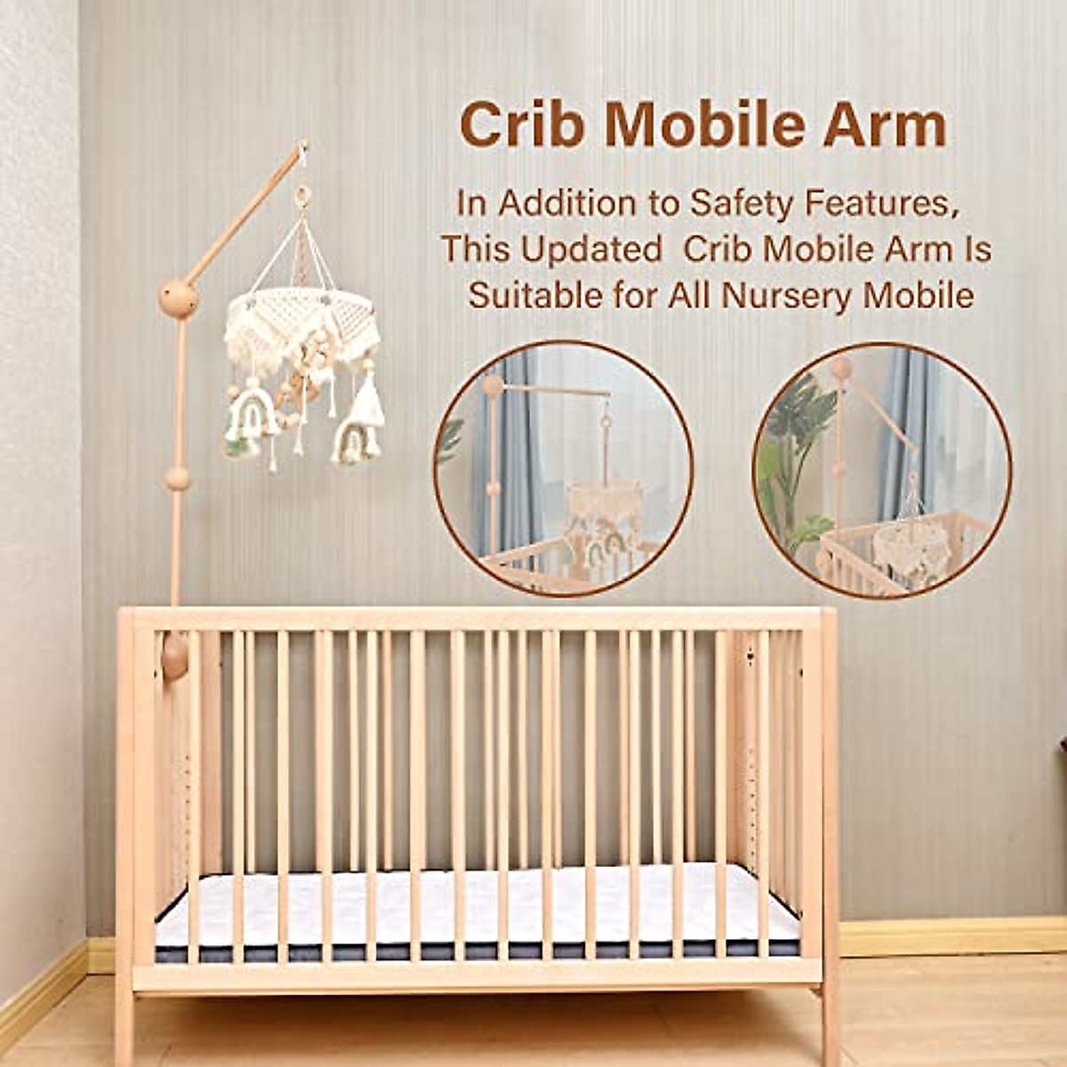 Wooden Baby Crib Mobile Arm, Adjustable Mobile Holder for Crib and Desk Rotating Baby Mobile Hanger Nursery Decoration (3 Modes)