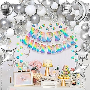 Birthday Decorations - Iridescent Banner Disco Ball Balloons Arch Decor | Fufuddz Funny Holographic Happy Birthday Party Supplies w/ Circle Garlands Swirls for Women Men 18 30th 40th 50th 60s 70s 90s