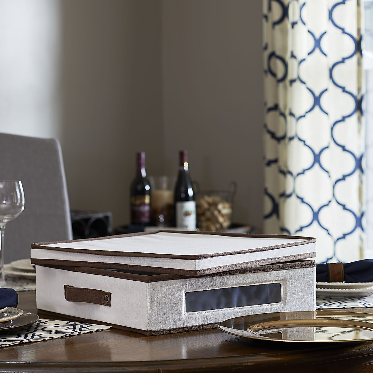 Household Essentials Natural 537 Vision Storage Box with Lid and Handles | Charger Plates and Platters Canvas with Brown Trim