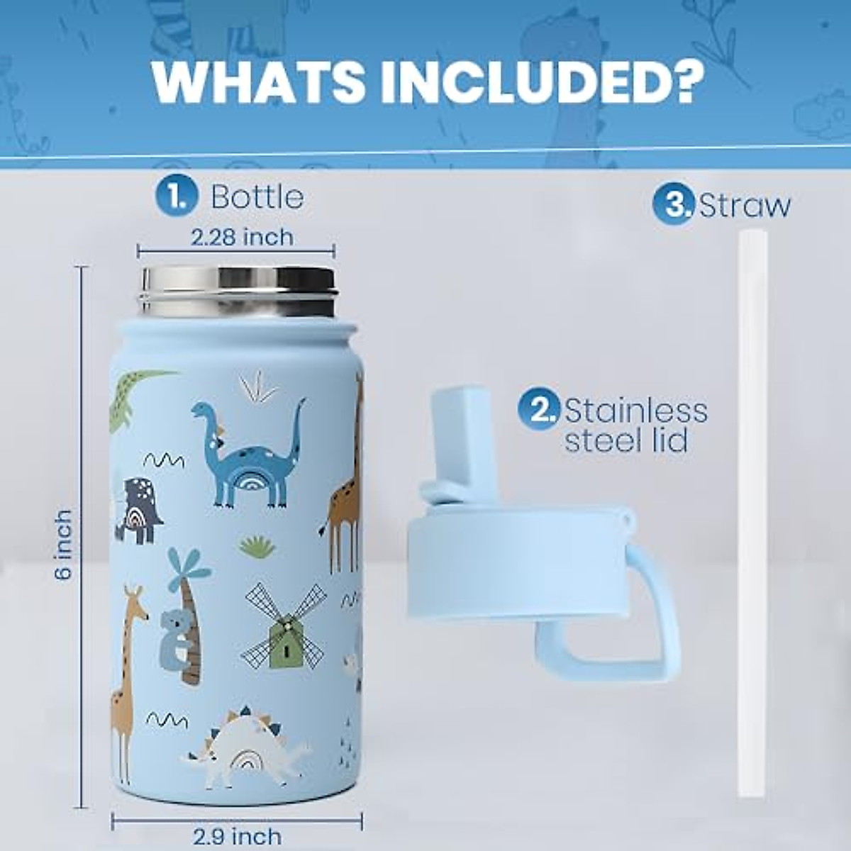 Lexlion Water Bottle 14 Oz, Triple Walled Insulated Stainless Steel Odor & Strain Resistant Reusable Bottle, 1 straw Lid, Leakproof, Metal Mug Gallon, BPA Free, Blue Zoo