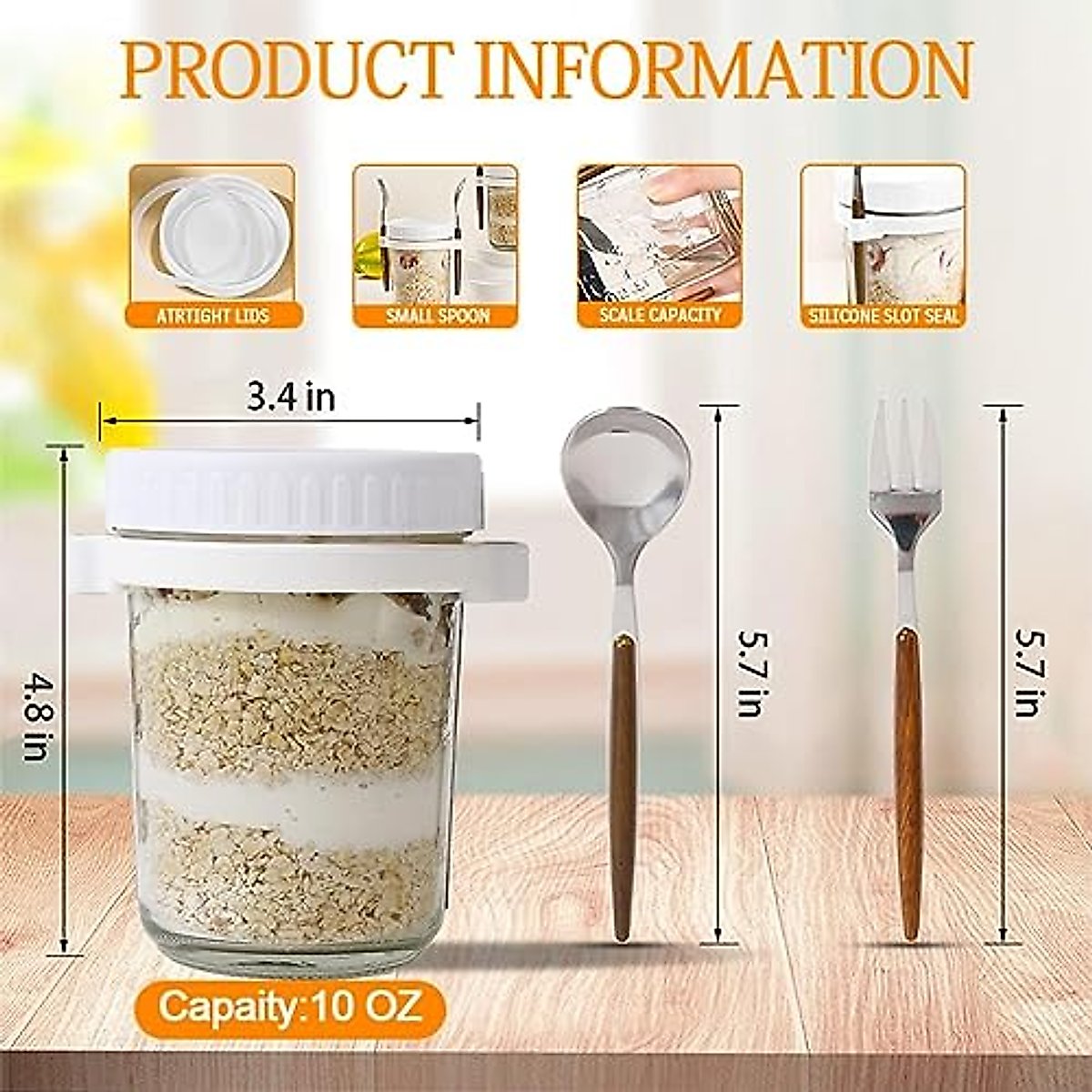 ZCXQM Overnight Oats Containers with Spoon and Fork, 2 Pack 10 oz Mason Jars with Lids for Overnight Oats, Breakfast On the Go Cups Reusable for Milk, Cereal, Fruit(White)