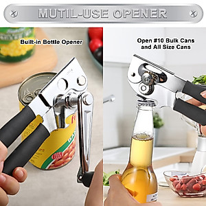 1 Pack Commercial Can Opener Manual Heavy Duty, Stainless Steel Handheld Can Opener with Folding Easy Crank Handle, Smooth Edge, Black Swing Grips, for #10 Bulk Cans and All Size Cans, Large Cans