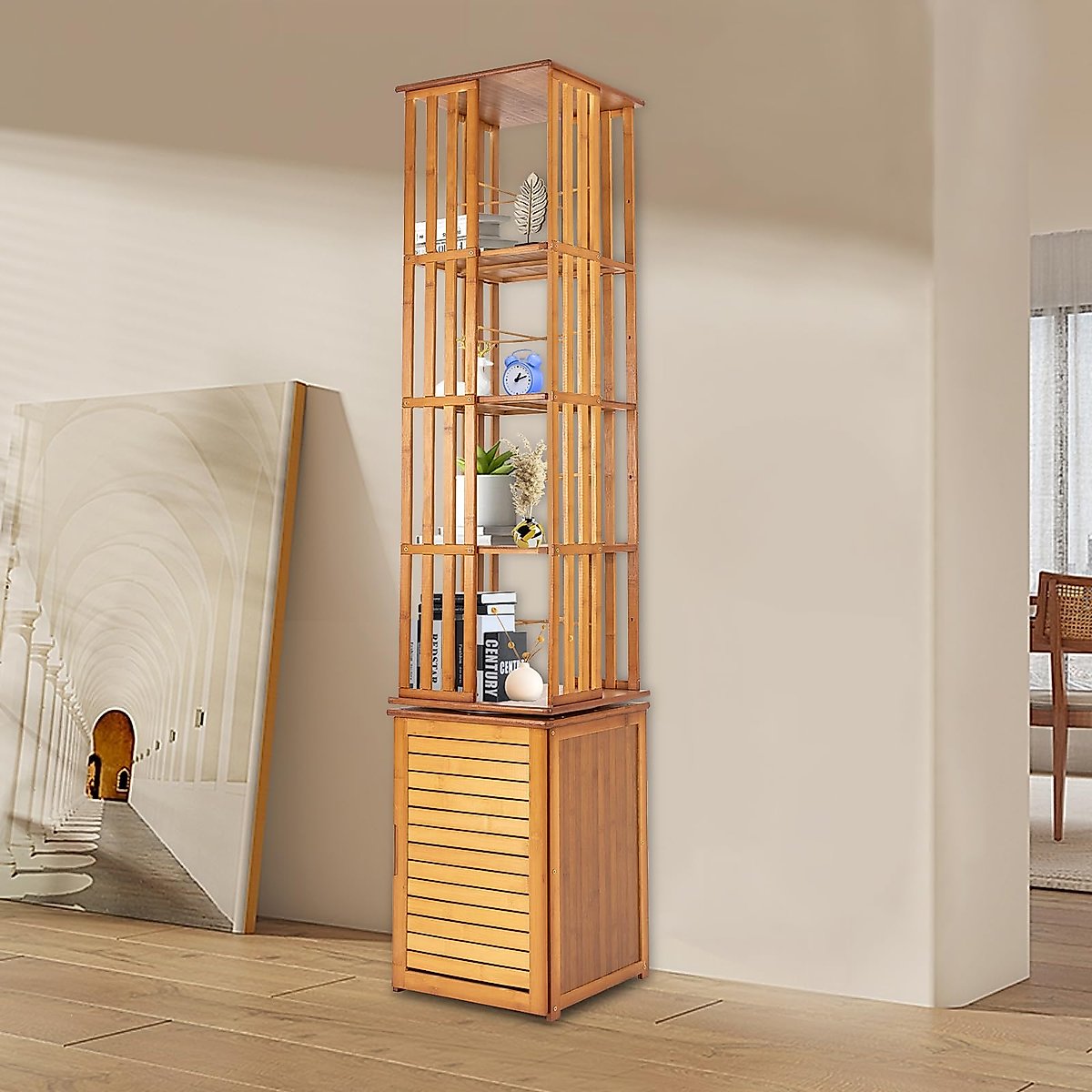 Rotating Bookshelf Bookcase, 6-Tier Corner Bamboo Book Shelf, 360° Display Rotating Storage Rack, Freestanding Bookcases with Open Design Shelving for Living Room Study Room Office (Dark Wood Color)