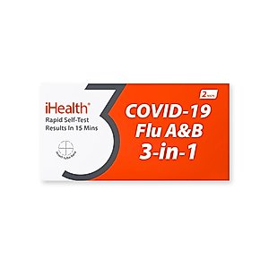 iHealth COVID-19, Flu A&B 3-in-1 Antigen Rapid Test, Results in 15 Minutes, FDA Authorized OTC Flu & COVID Home Test, with Non-invasive Nasal Swab, Easy to Use & No Discomfort (1 Pack, 2 Tests Total)