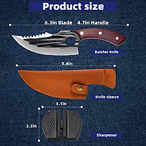 Xnarlath Butcher Chef Knife for Meat Cutting，High Carbon Steel Meat Cleaver Processing,Hand Forged Caveman Viking Knife with Sheath，Outdoor BBQ Camping Knife (6.5in butcher knife)