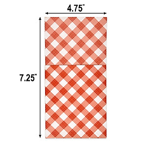 36 Picnic Barbecue Cutlery Holders Red and White Gingham Utensil Silverware Paper Pouch Pockets for Checkered Summer BBQ Table Place Settings Tableware Party Supplies Decorations for Knife Fork Spoon