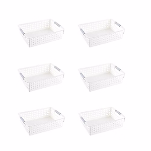 Whale Pocket 6 PCS Plastic Storage Basket, Slim White Organizer Tote Bin Shelf Baskets for Closet Organization, De-Clutter, Toys, Cleaning Products, Accessories 14 x 10x 3.4 in
