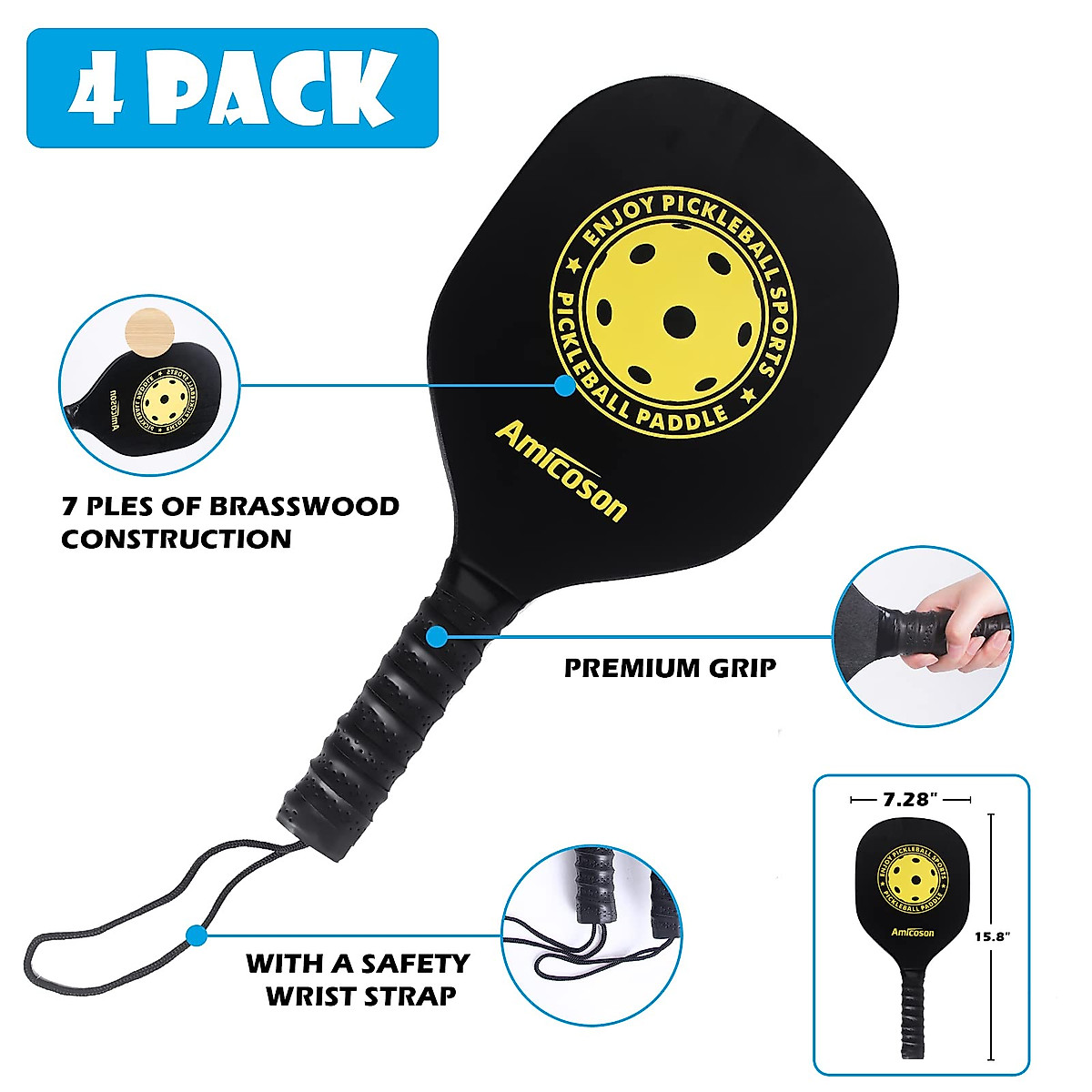 Amicoson Pickleball Set with 22FT Net, 4 Wooden Paddles, 8 Balls, 1 Carrying Bag, 1 Backpack, 2 Rolls of Court Tape & 1 Measuring Tape