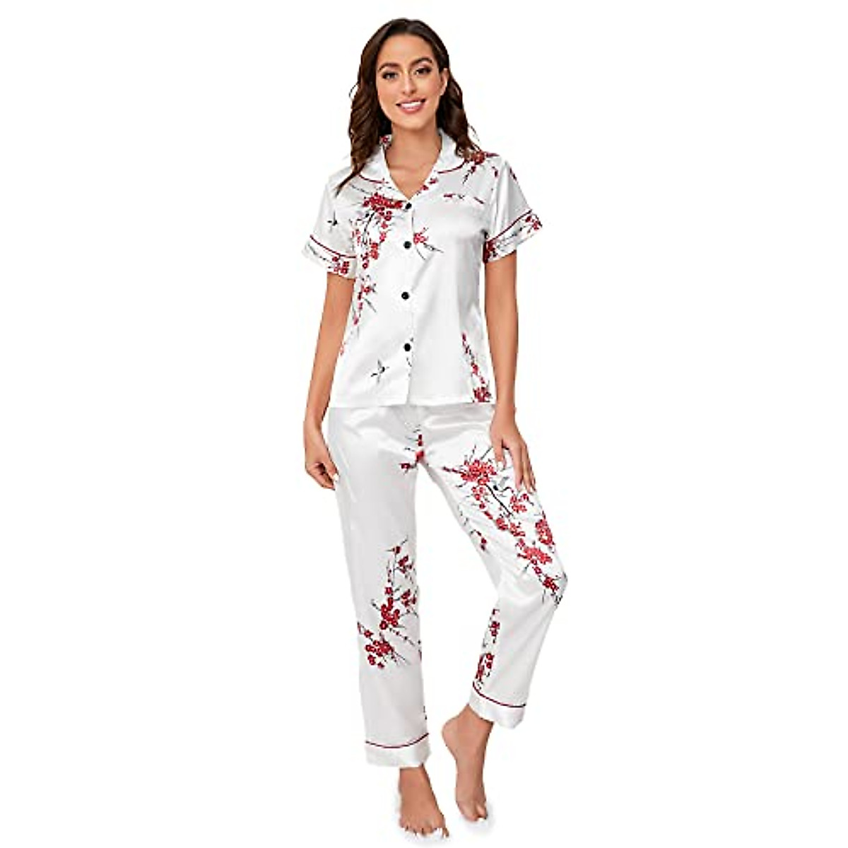 WDIRARA Women's 2 Piece Satin Pajamas Floral Silk Short Sleeve Button Down Shirt and Pants Pajama Pj Set White S