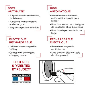 Peugeot - Elis Touch Electric Corkscrew - Rechargeable Bottle Opener with Battery and Charging Base, Stainless Steel, 10.6 inches