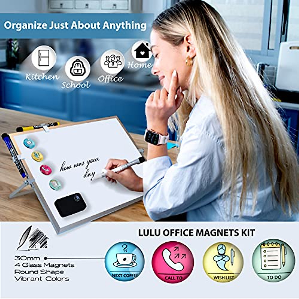 Dry Erase White Board for Desk & Wall,12"X16" Large Magnetic Desktop Whiteboard with Stand, 8 Markers, 4 Magnets,1 Eraser, Double-Sided Portable Whiteboard Easel for Office, Students Memo to Do List