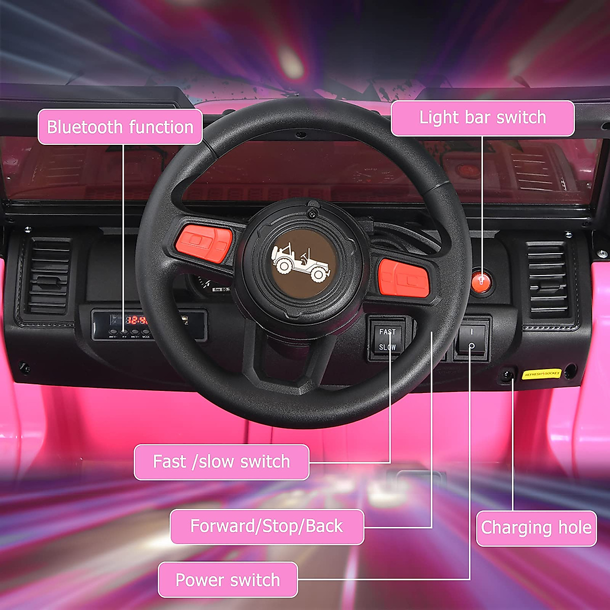 INFANS Ride on Car Truck with 2.4G Remote Control, 12V Battery Powered Electric Cars for Kids w/3 Speeds, Battery Display, LED Lights, Safety Belt, Music & Horn, Bluetooth/FM/USB (Pink)