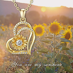 MOTIEL Sunflower Necklace 14K Yellow Gold Flower Pendant Necklace Moissanite Jewelry Flame Necklace-You are My Sunshine- Gift for Women Daughter Wife Birthday (Heart Sunflower)