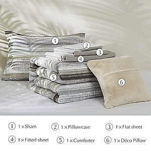 MaiRêve Grey Twin Bed in A Bag, Soft Grey Stripe Minimalist Comforter Set Urban House Design 6 Pieces for Boys Girls or Dorm Bedding(Mosaic Horizontal Stripes,Twin)