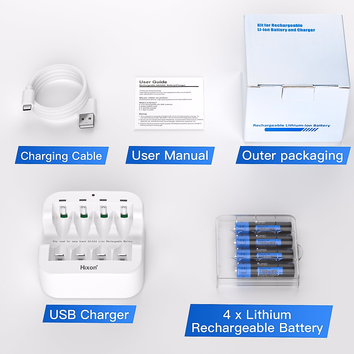 Hixon 1.5V AAA Rechargeable Lithium Batteries,4-Pack 1100mWh Pre-Charged Triple AAA Li-ion Battery & 1H Ultra Fast Charger for Home and Office Device,1600 Cycles,Constant Output.