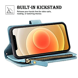 RANYOK Wallet Case Compatible with iPhone 13 Pro (6.1 inch), Premium PU Leather Zipper Flip Folio Wallet RFID Blocking with Wrist Strap Magnetic Closure Built-in Kickstand Protective Case (Baby Blue)