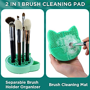 Makeup Brush Cleaner Mat-Silicone Beauty Wash Pad with Dryer Holder 2 in 1 Portable Cosmetic Tool (Green)