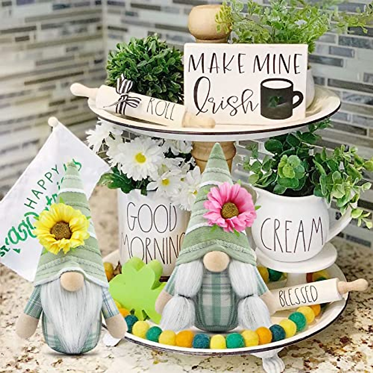 Gehydy Set of 2 Summer Gnomes Plush Flower Decoration Spring Gnome Gift Handmade Green Scandinavian Tomte Stuffed Xmas Decor for Home Kitchen Tiered Tray