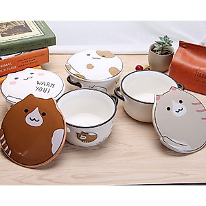 VanEnjoy Big Capacity 24oz 3D Cute Cartoon Microwave Ceramic Soup Cat Bowl Instant Noodle Bowl Cereal Bowl for Salad Fruit Vegetable with Ceramic Kitty Cat Lid and Handles (coffee)