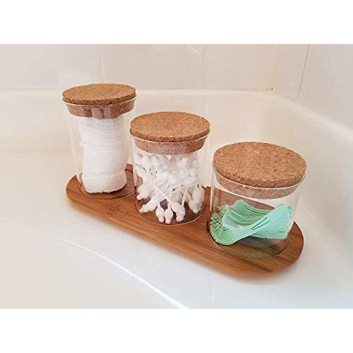 SplashSoup Glass Jar Set on Bamboo Tray, Natural Cork Lids, Bath Item Qtip Cotton Ball Canisters, Seasonal Display Decor, Centerpiece
