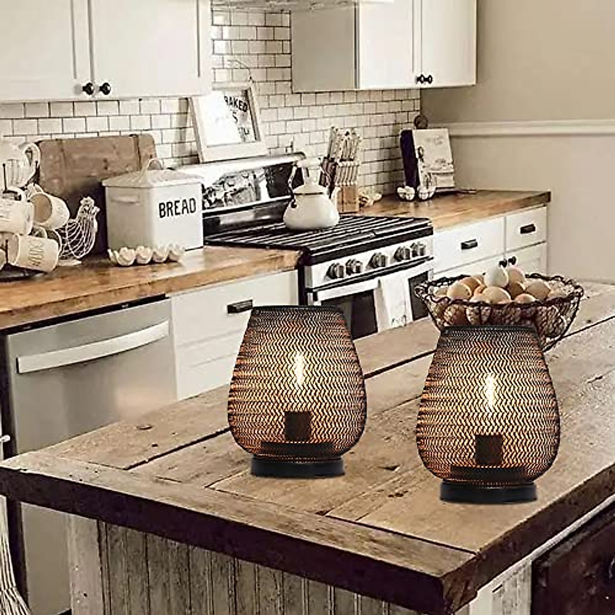 NEEDOMO Battery Operated Lamp LED Table Lamp, Set of 2 Metal Cage Cordless Lamps with Timer, Vintage Outdoor Lantern Lamp for Weddings Patio Shelf Living Room Indoors Outdoors Decor