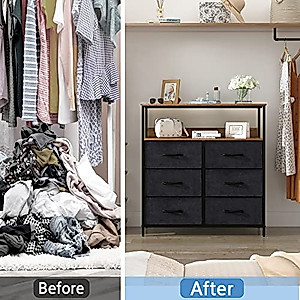 LYNCOHOME 6 Drawers Dresser with Shelves - Dresser for Bedroom, Closet, Clothes, Storage Tower Organizer, Chest of Drawers, Black Dresser for Bedroom, Fabric Drawers(Rustic Brown)