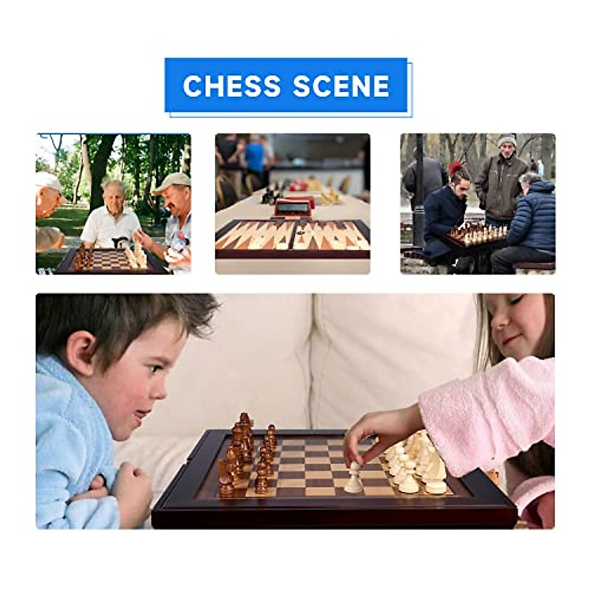 GSE Wooden 3-in-1 Chess Checkers Backgammon Table, Chess Checkers Backgammon Combo Game Set, Wood Chess Table Set for Family Board Games