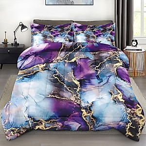 SUMIANYH Twin Size Comforter Set with Pillowcase, Blue Purple Marble Stone, Bedroom Decor Dye Green Gold Flower Leaf Watercolor Abstract Cozy Bedding for Kids and Adults, Soft Bed Set