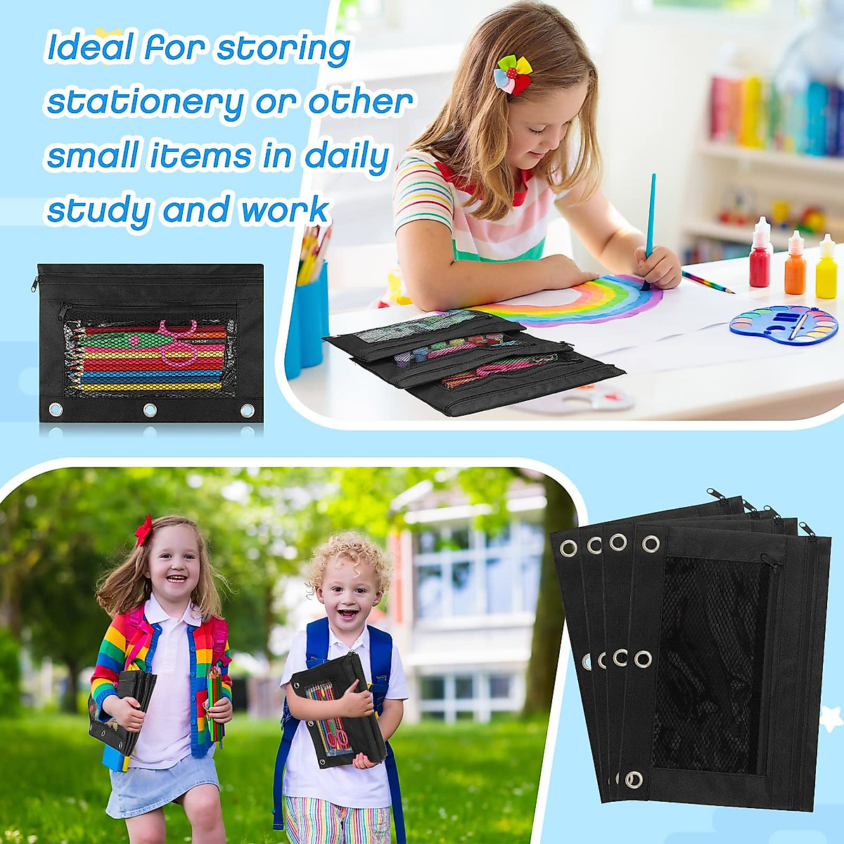 Tinlade 100 Pcs 3 Ring Binder Pencil Pouches Zipper Pouches Case with Mesh Window Ring Binder Pencil Bags Case for Christian Charity Donation Supplies