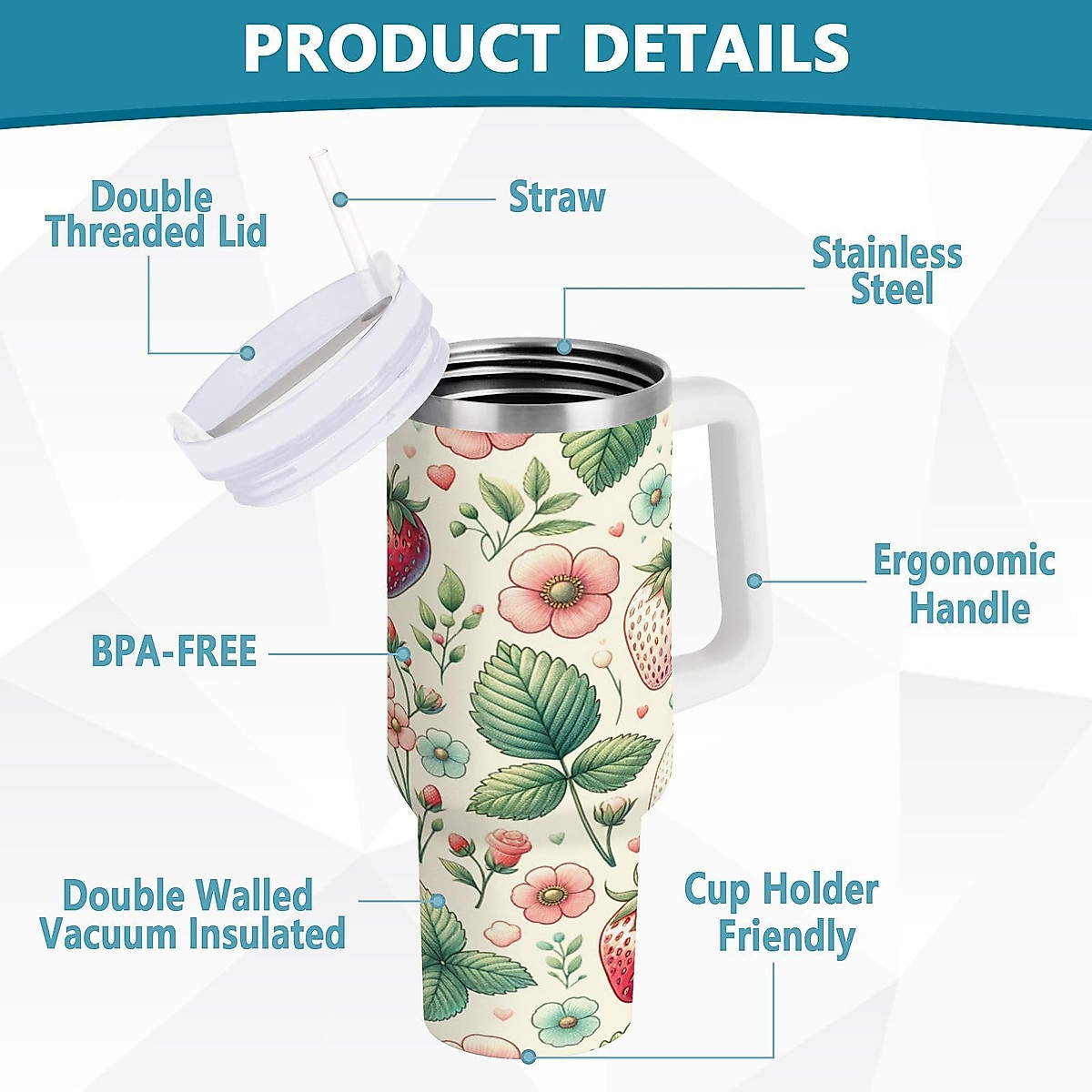 Jihqo Strawberrys and Leafs 40 oz Stainless Steel Vacuum Insulated Tumbler with Handle and Straw Lid, Leakproof Water Bottle Double Wall Travel Mug Coffee Cup, Cupholder Friendly