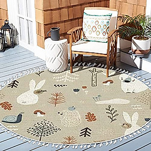 Round Rugs Childish Woodland Bunny Bears Snail Hedgehog Creative Kids Boho Area Rug Linen and Cotton Carpet Meditation Rug Washable Hallway Runner Mat Accent Rug for Bedroom Bathroom 6ft