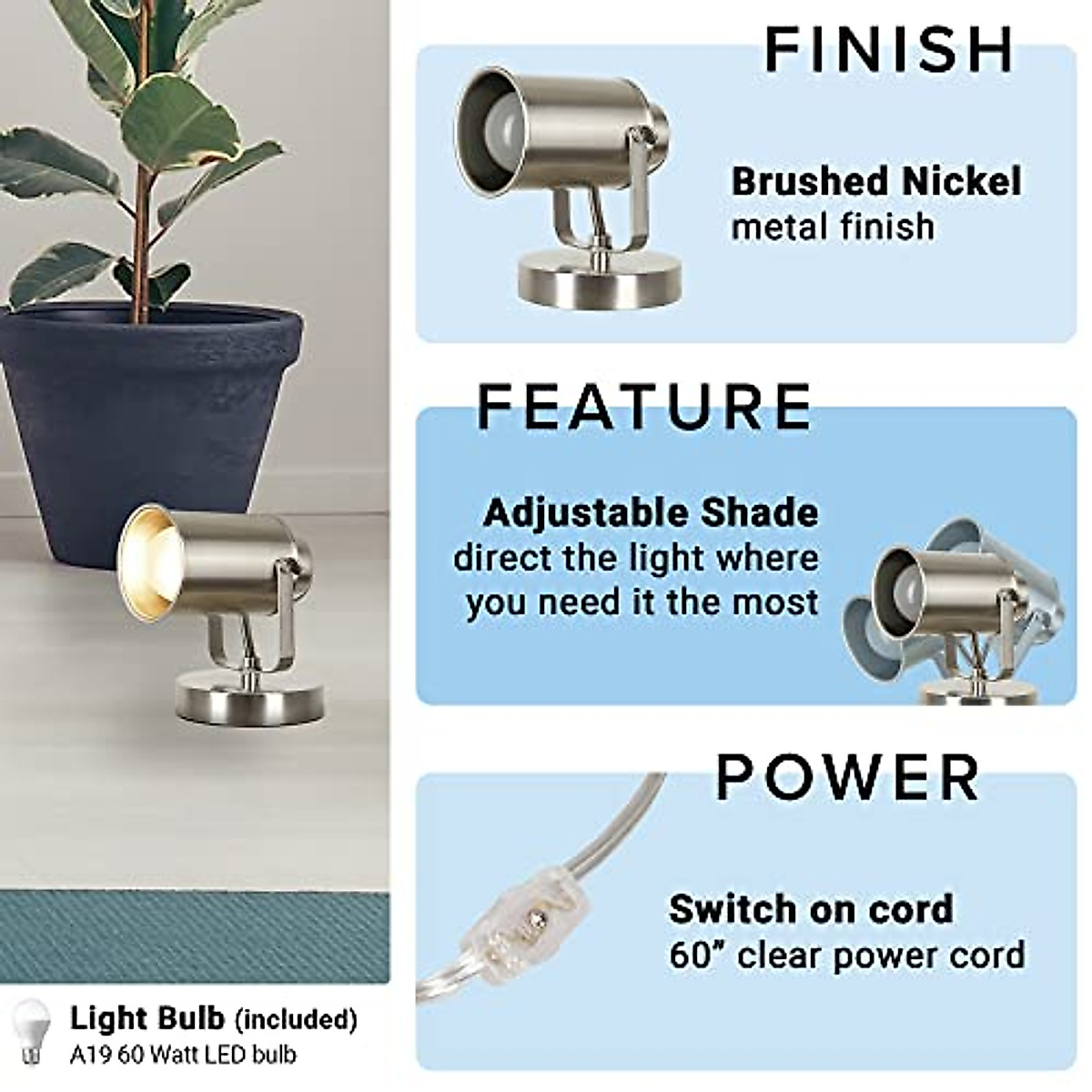 Catalina Lighting 18775-016 Modern Multipurpose Spotlight Desk or Wall Mount Accent Lamp, LED Bulb Included, 6", Brushed Nickel