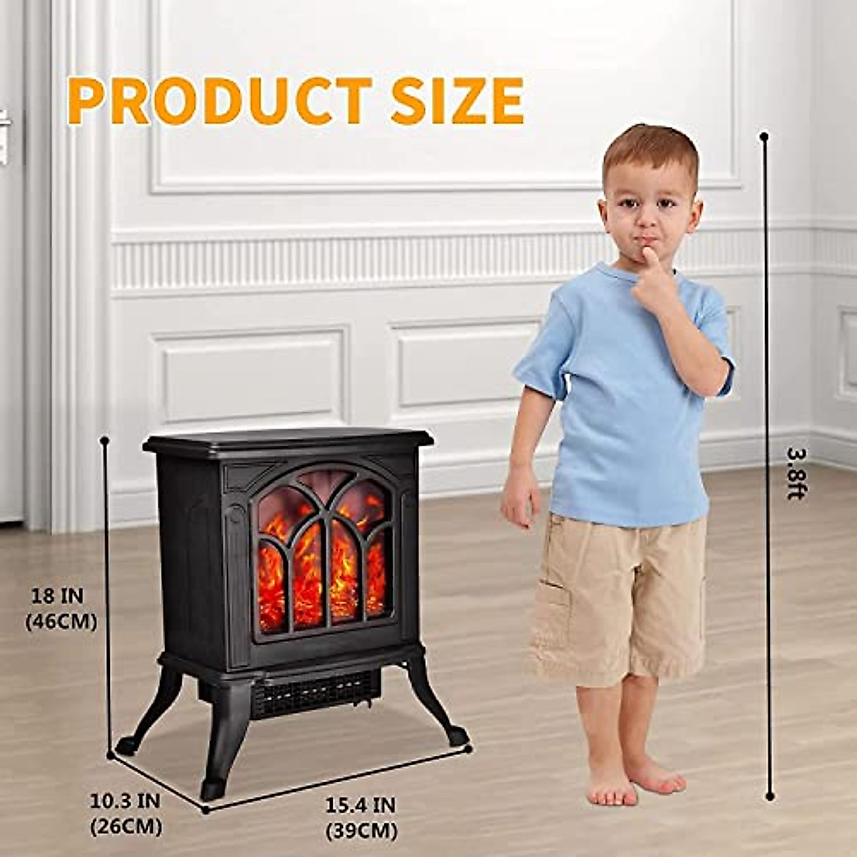 Electric Fireplace Heater Stove Indoor, 18'' Compact Freestanding Infrared Heater with Realistic Flame, 800/1500W Portable Space Heater, Overheating Protection, ETL Certified