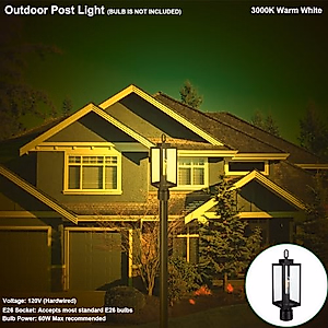 LIT-PaTH Outdoor Post Lighting Fixture with E26 Medium Base Max 60W, Metal Housing Plus Clear Glass, Matte Black Finish, Bulb Not Included, 1-Pack