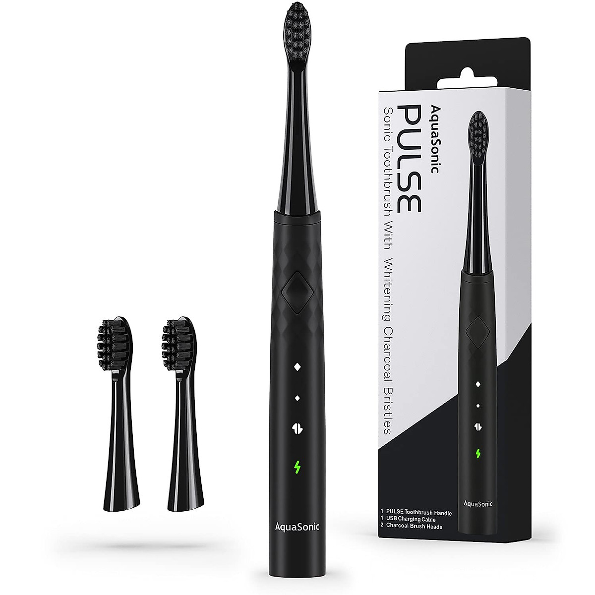 AquaSonic Pulse – Ultra Whitening Electric Toothbrush w Activated Charcoal Whitening Bristles – Sonic Rechargeable toothbrush – 3 Modes & Smart Timers – Lasts 45 days – Home & Travel Toothbrush