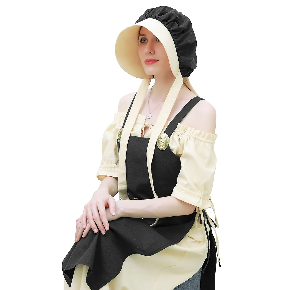 FURPHI Women's Colonial Pioneer Bonnet Hat Linen Victorian Pilgrim Headwear (Black)