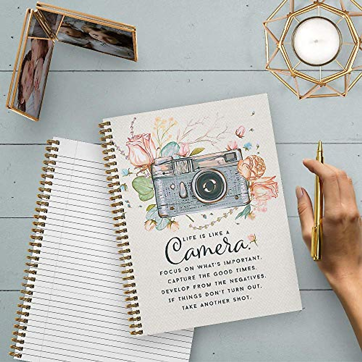 Softcover Camera 8.5" x 11" Motivational Spiral Notebook/Journal, 120 College Ruled Pages, Durable Gloss Laminated Cover, Gold Wire-o Spiral. Made in the USA