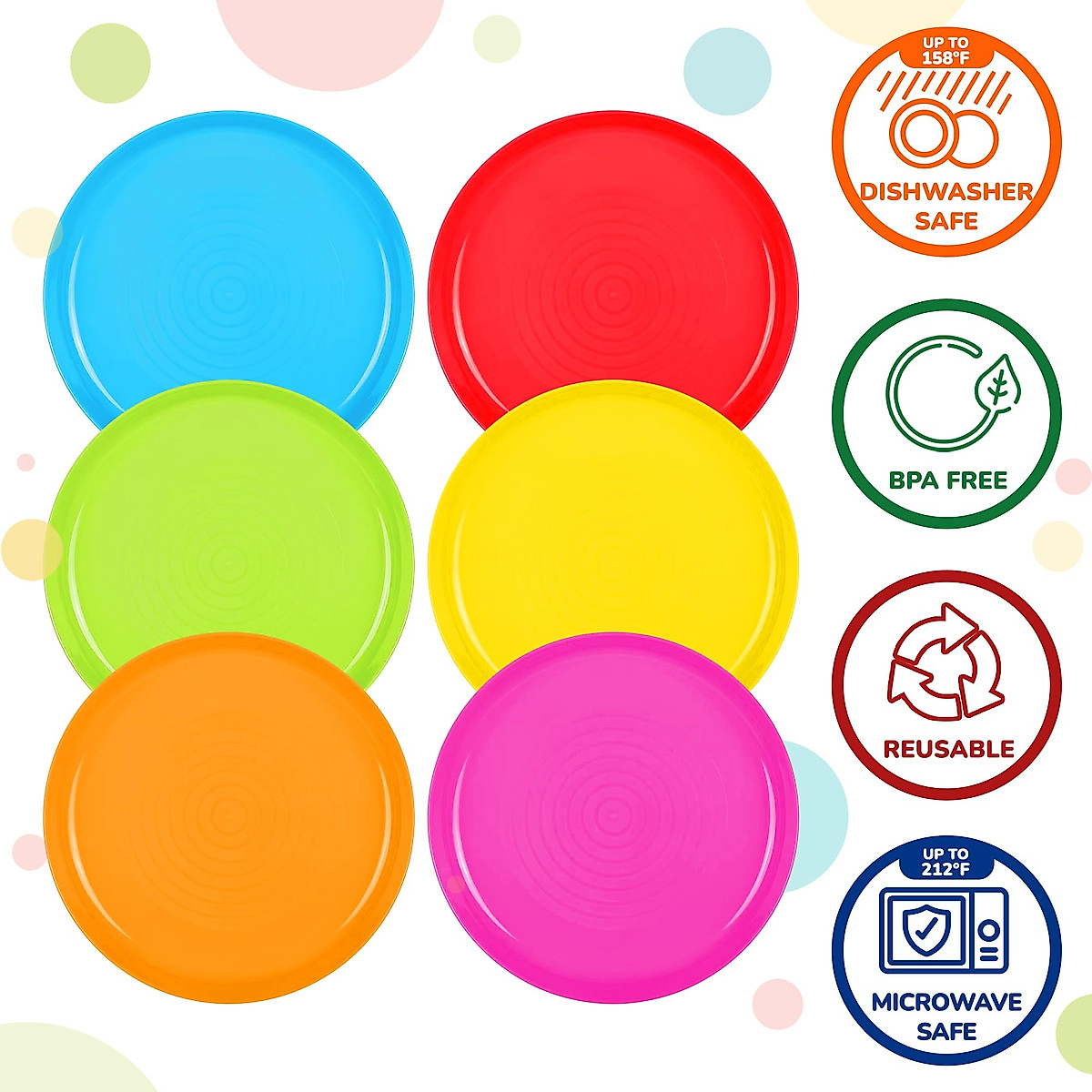 PLASKIDY Kids Plates Set of 6 Toddler Plates - Childrens Reusable Plastic Plates BPA Free - Microwave/Dishwasher Safe Plastic Dinner Plates for Kids & Toddlers