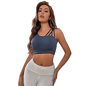 Milumia Women Cut Out Asymmetrical High Support Sport Bras Workout Crop Tank Tops Dusty Blue Large