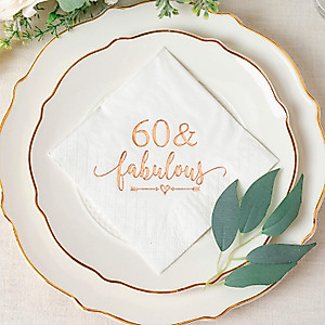 Crisky 60 and Fabulous Cocktail Napkins Rose Gold for Women 60th Birthday Decorations, 60th Birthday Bevergae Dessert Table Supplies, 50Pcs, 3-Ply