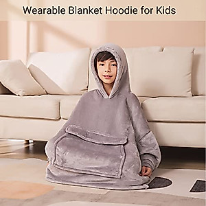 Blanket Hoodie Kids, Oversized Wearable Blanket Sweatshirt with Hood Pocket&Sleeves, Soft Thick Flannel Sherpa Hooded Blanket for Teens Boys Girls
