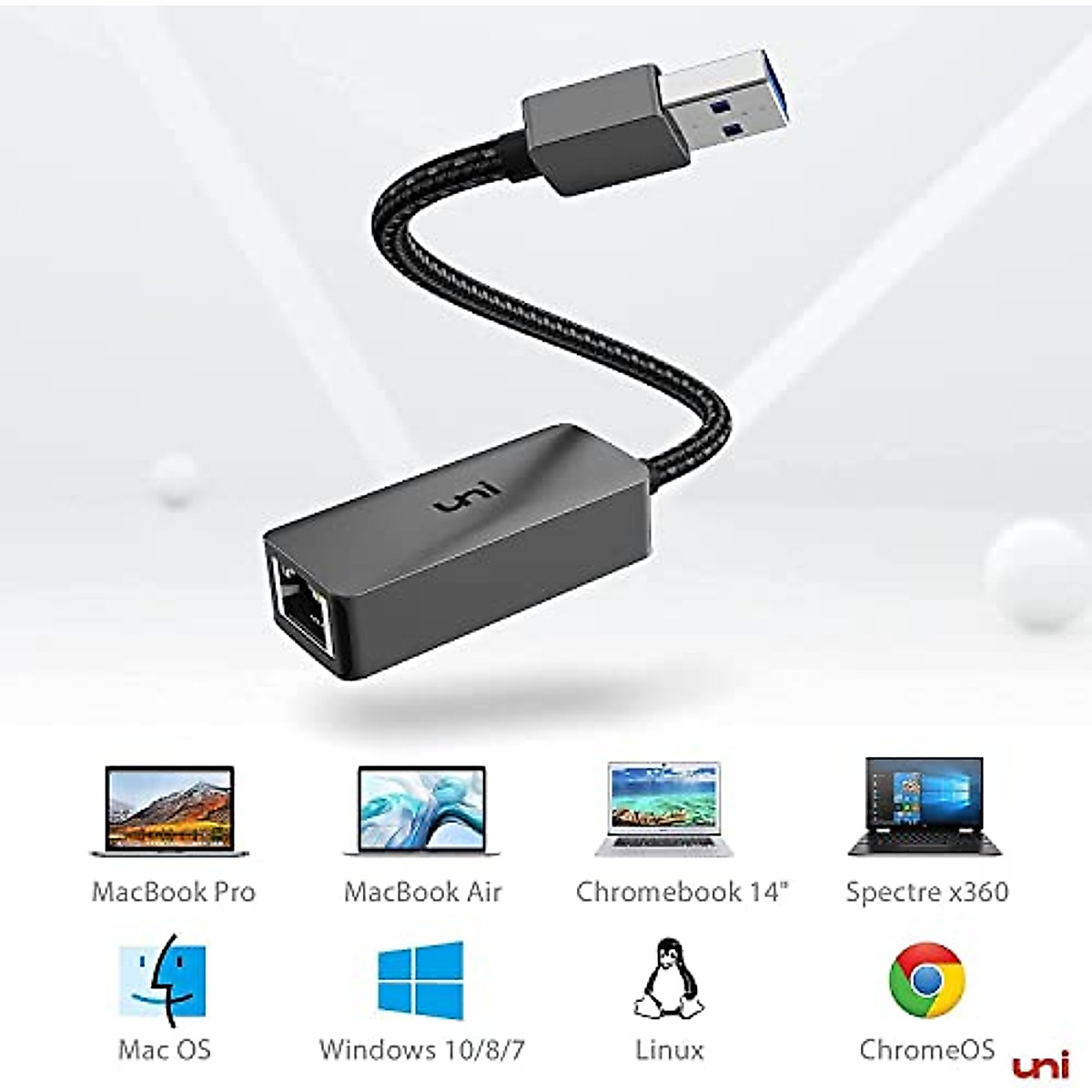 USB to Ethernet Adapter, uni Driver Free USB 3.0 to 100/1000 Gigabit Ethernet LAN Network Adapter, RJ45 Internet Adapter Compatible with MacBook, Surface, Laptop PC with Windows, XP, Vista, Mac/Linux