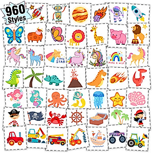 Partywind 960 PCS Individually Wrapped Tattoos for Kids Bulk, Cute Temporary Tattoo Stickers for Birthday Party Supplies Favors, Fake Tattoos for Kids Christmas Games (20 Sheets)