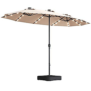 TANGKULA 15 Ft Solar LED Patio Double-Sided Umbrella with Base, Outdoor Twin Umbrella, Extra Large Umbrella w/ 36 Solar Powered LED Lights & Crank System for Garden, Deck, Poolside, Patio (Beige)