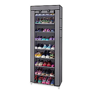BNSPLY 10-Tier Non-Woven Fabric Shoe Rack, Large Shoe Shelf with Dustproof Cover, 2 side pockets Shoe Storage Cabinet Organizer for Closets, Bedrooms, Garages, Grey